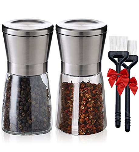 Professional Salt and Pepper Grinder Set of 2 - Brushed 304 Stainless Steel, Adjustable Ceramic Coarseness, Pepper, Sesame, Spice Salt Shaker, Pepper Grinder, Added Bonus Two Cleaning Brush- 6 Oz