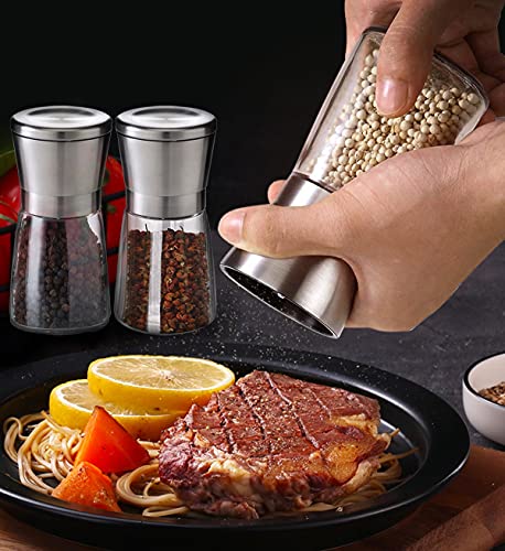 Professional Salt and Pepper Grinder Set of 2 - Brushed 304 Stainless Steel, Adjustable Ceramic Coarseness, Pepper, Sesame, Spice Salt Shaker, Pepper Grinder, Added Bonus Two Cleaning Brush- 6 Oz