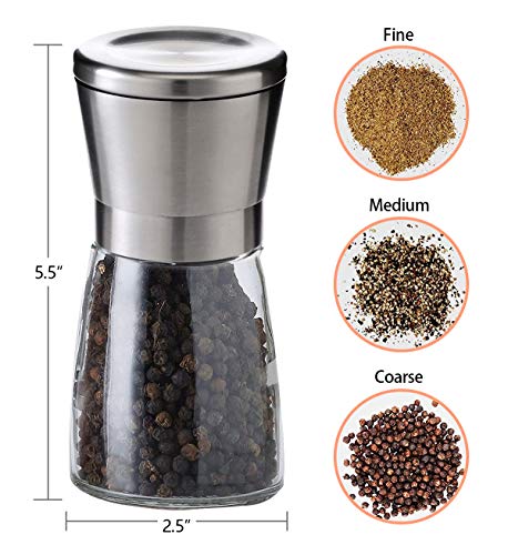 Professional Salt and Pepper Grinder Set of 2 - Brushed 304 Stainless Steel, Adjustable Ceramic Coarseness, Pepper, Sesame, Spice Salt Shaker, Pepper Grinder, Added Bonus Two Cleaning Brush- 6 Oz