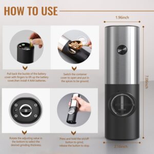 Automatic Salt and Pepper Grinder, Pepper Grinder refillable with Adjustable Coarseness, Battery Operated Salt Grinder with LED Light, Electric Pepper Grinder Battery Operated, One-handed Operation