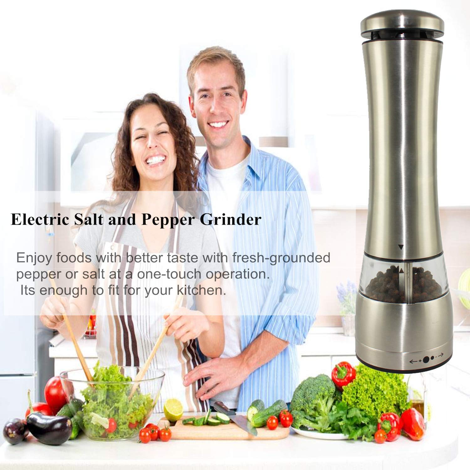 HQGSJ Electric Salt and Pepper Grinder,Battery Operated with LED Light,Stainless Steel Automatic Mill,Adjustable Ceramic Coarseness Salt grinder and pepper Mill （ONE PACK）