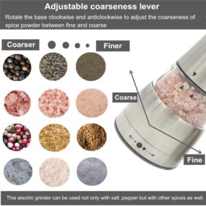 HQGSJ Electric Salt and Pepper Grinder,Battery Operated with LED Light,Stainless Steel Automatic Mill,Adjustable Ceramic Coarseness Salt grinder and pepper Mill （ONE PACK）