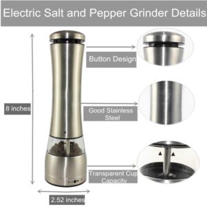 HQGSJ Electric Salt and Pepper Grinder,Battery Operated with LED Light,Stainless Steel Automatic Mill,Adjustable Ceramic Coarseness Salt grinder and pepper Mill （ONE PACK）