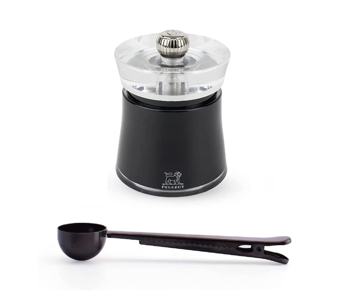 Peugeot Bali Acrylic Black Pepper Mill Gift Set 3.15" - With Stainless Steel Spice Scoop/Bag Clip