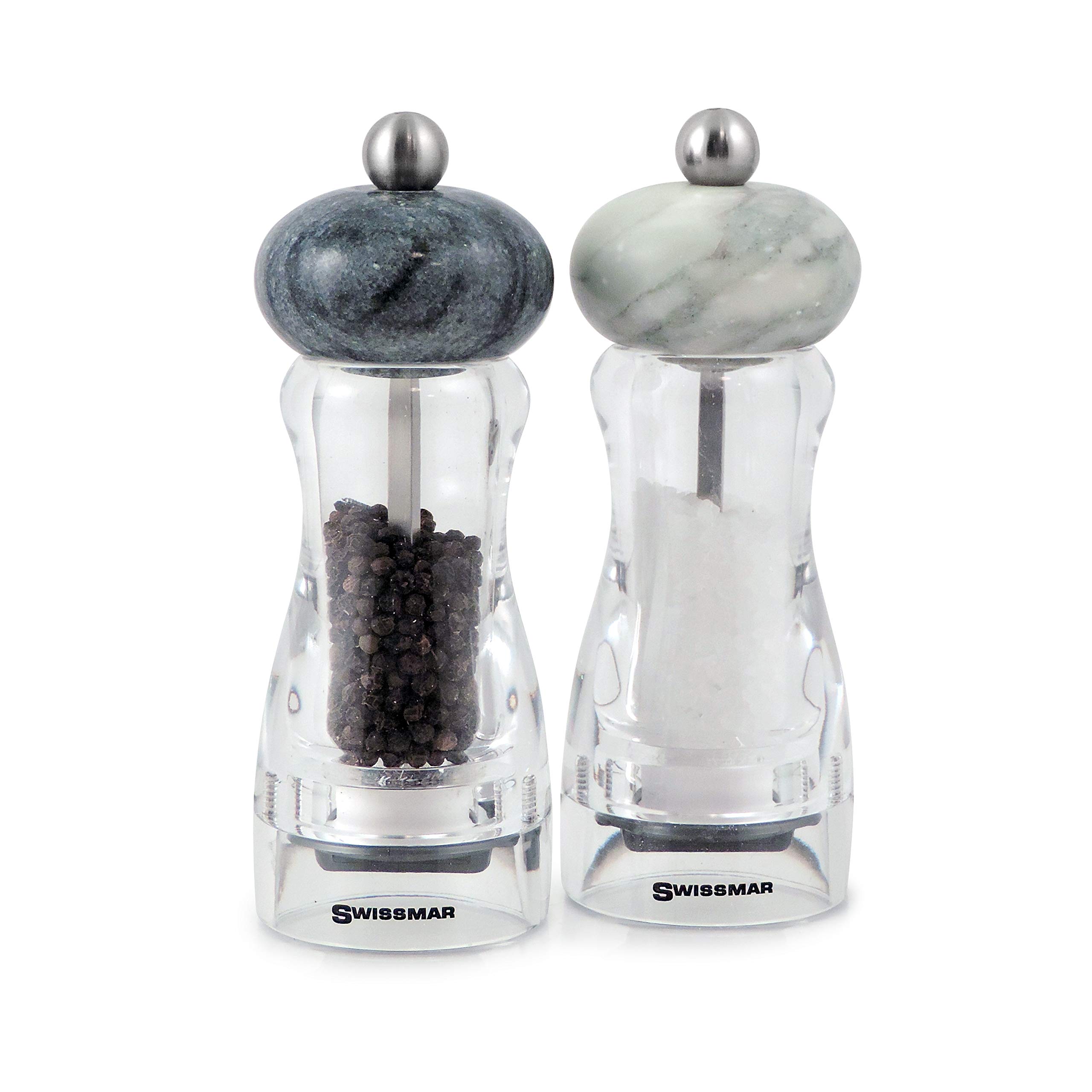 Swissmar Andrea 6" Acrylic Pepper Mill with Dark Granite Top, Clear/Dark Marble