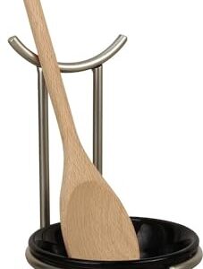 Spectrum Diversified Euro Standing Spoon Rest with Ceramic Dish Upright Utensil Holder for Stovetop & Kitchen Counter Organization, Modern Vertical Design, 1, Satin Nickel/Black