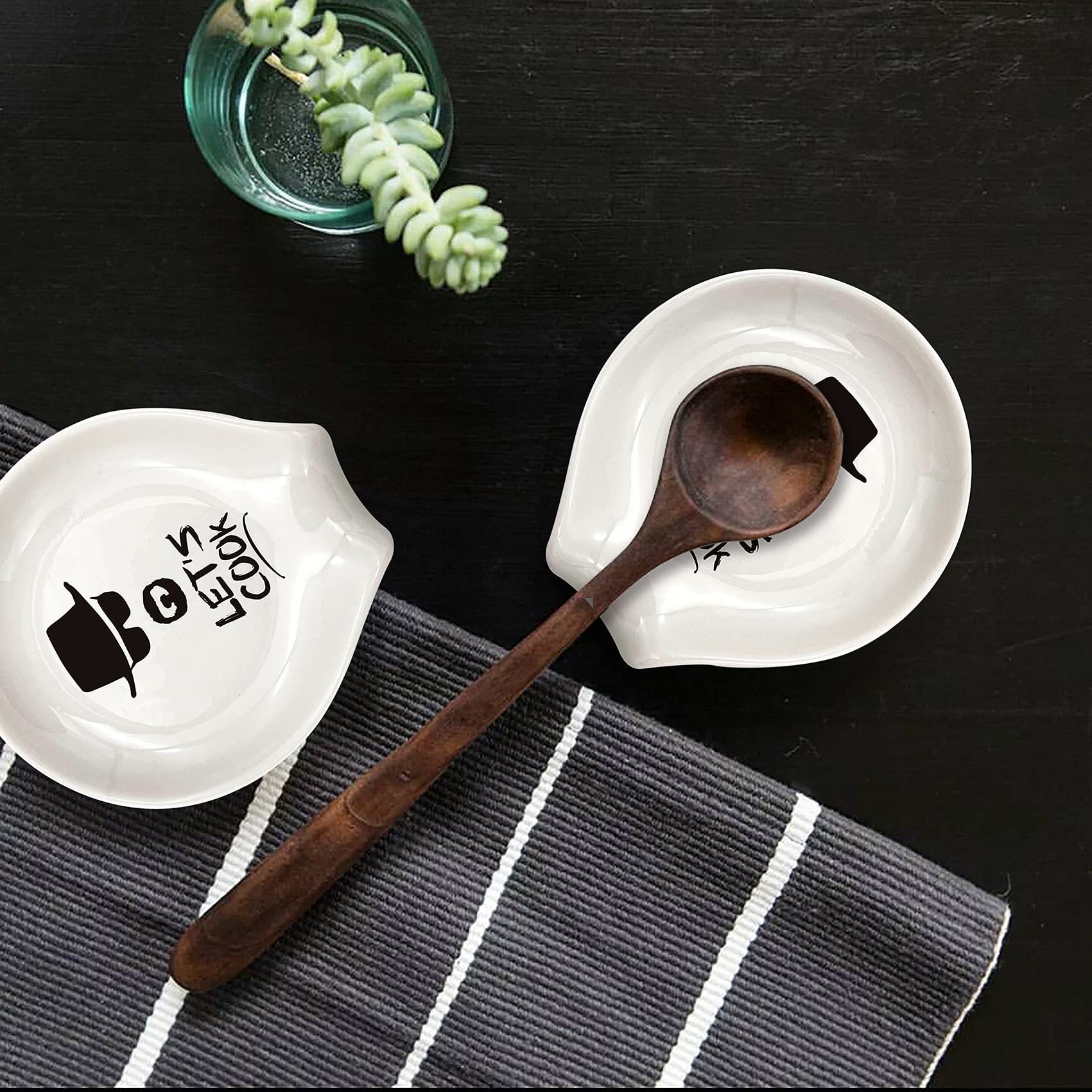 family Kitchen Funny Kitchen White Ceramic Spoon Rests, Let’s Cook Coffee Tea Spoon Rest Holder for Men, Friends, Chef New House Housewarming Gift