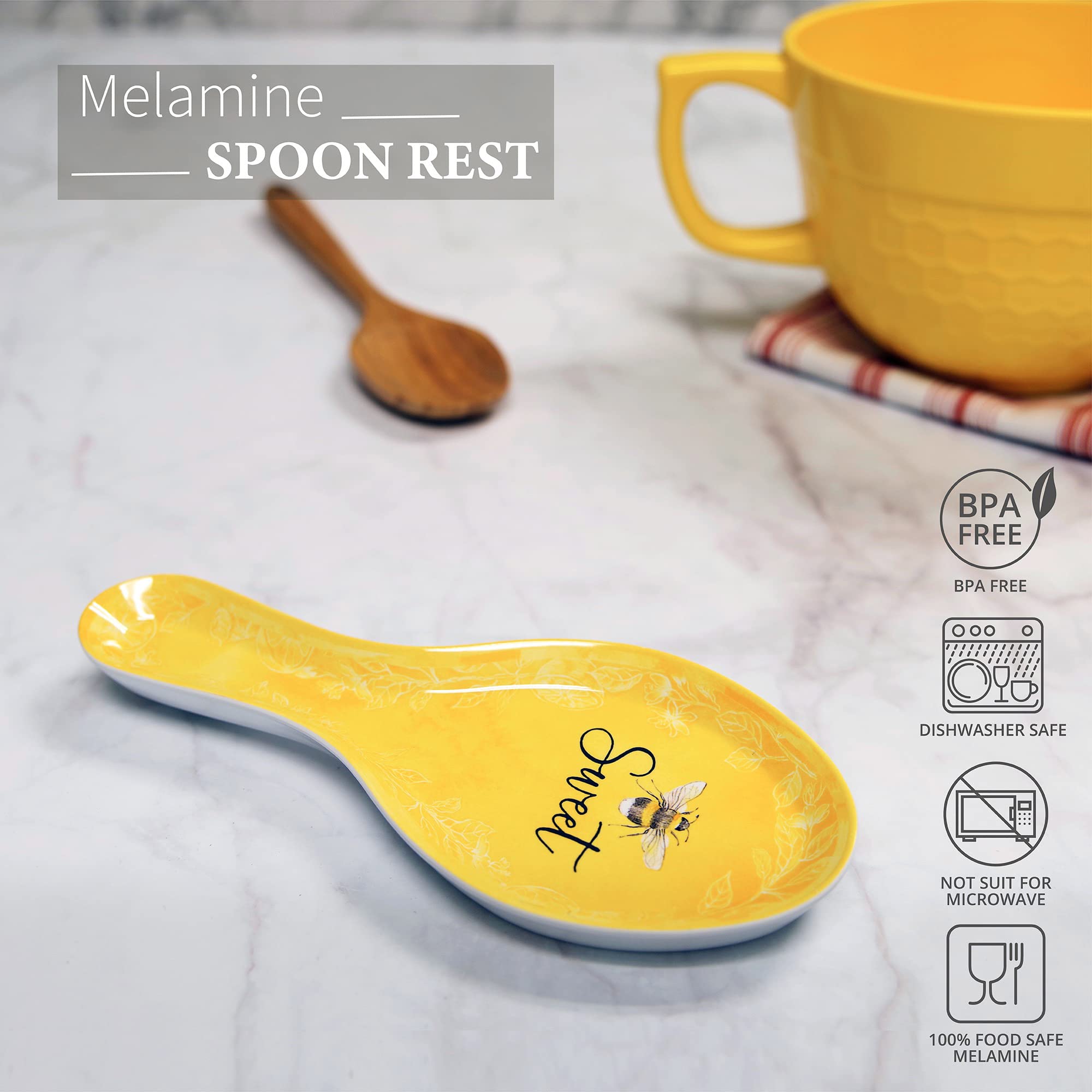 UPware Melamine Spoon Rest Spoon Holder Kitchen Utensil Holders 9.625 Inch for Kitchen Counter Dining Table (Sweet Bee)