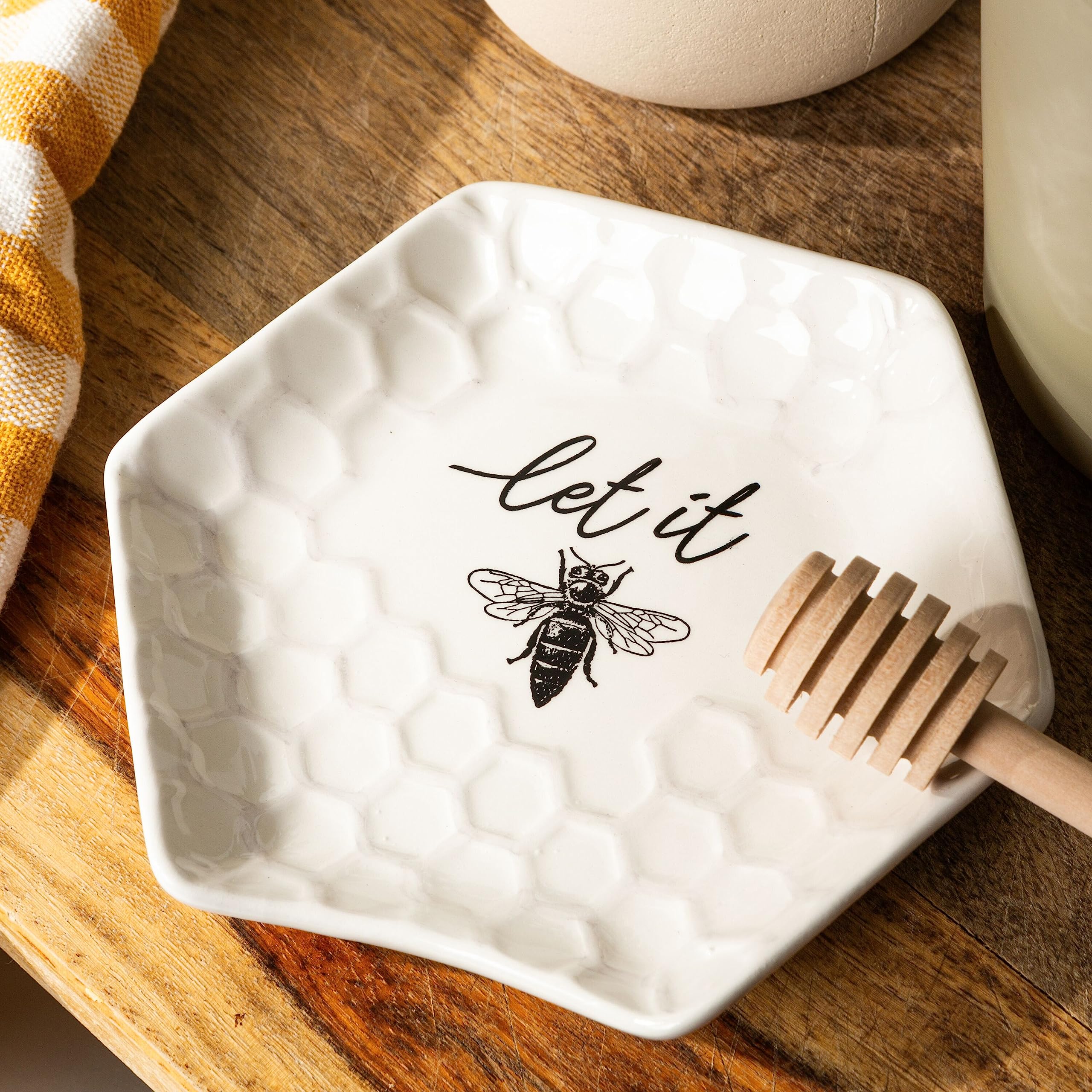 Young's Inc. Spoon Rest for Stove Top and Kitchen Counter - Ceramic Spoon Holder - Durable and Easy-to-Clean - Can Hold Ladles, Spatulas, Tea Bags, and More - Stylish Honey Bee Design - 5" x 5" x 1"