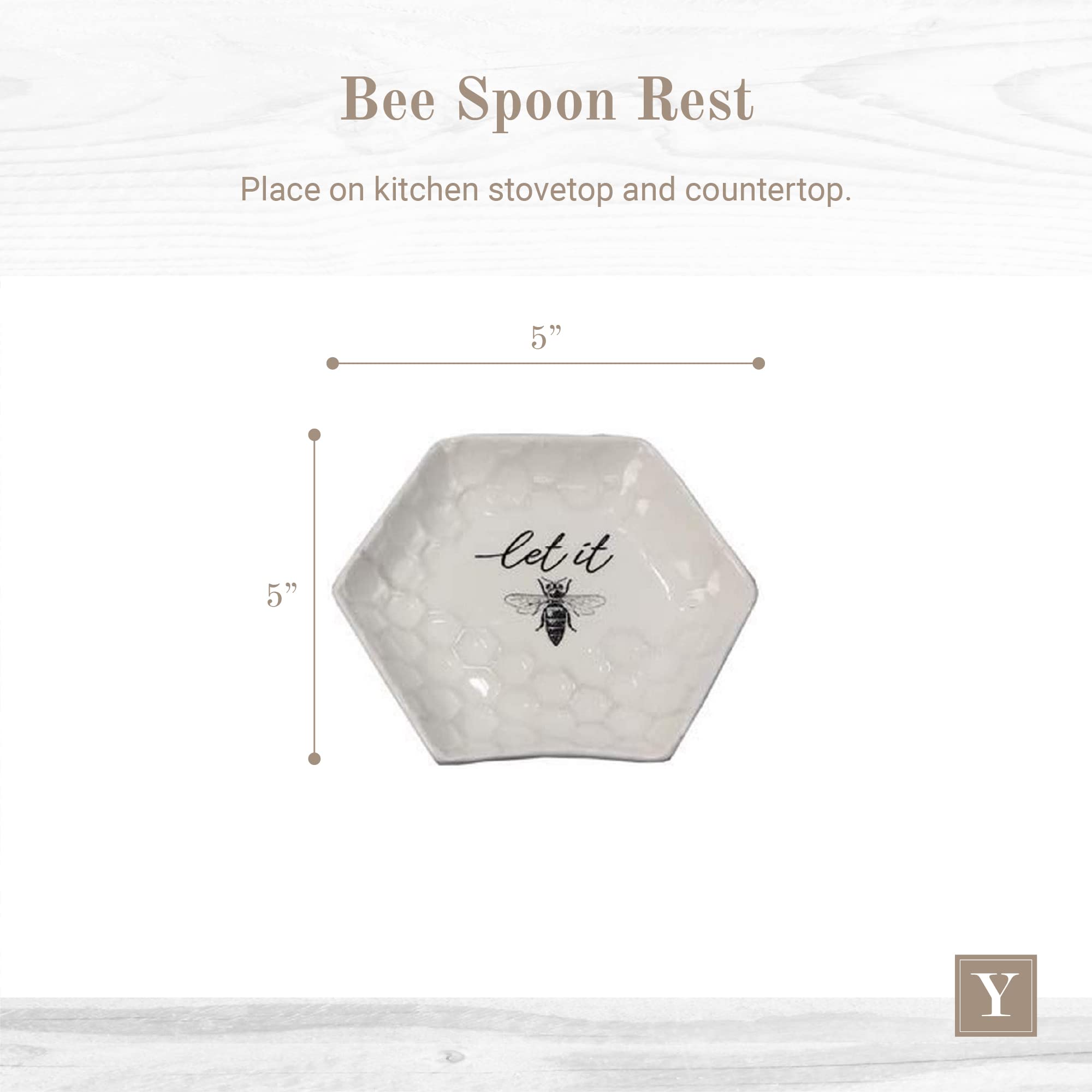 Young's Inc. Spoon Rest for Stove Top and Kitchen Counter - Ceramic Spoon Holder - Durable and Easy-to-Clean - Can Hold Ladles, Spatulas, Tea Bags, and More - Stylish Honey Bee Design - 5" x 5" x 1"