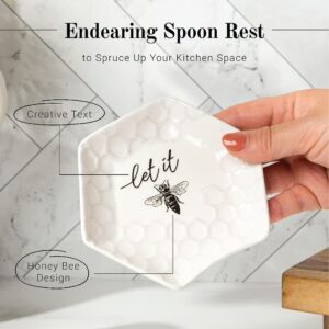 Young's Inc. Spoon Rest for Stove Top and Kitchen Counter - Ceramic Spoon Holder - Durable and Easy-to-Clean - Can Hold Ladles, Spatulas, Tea Bags, and More - Stylish Honey Bee Design - 5" x 5" x 1"