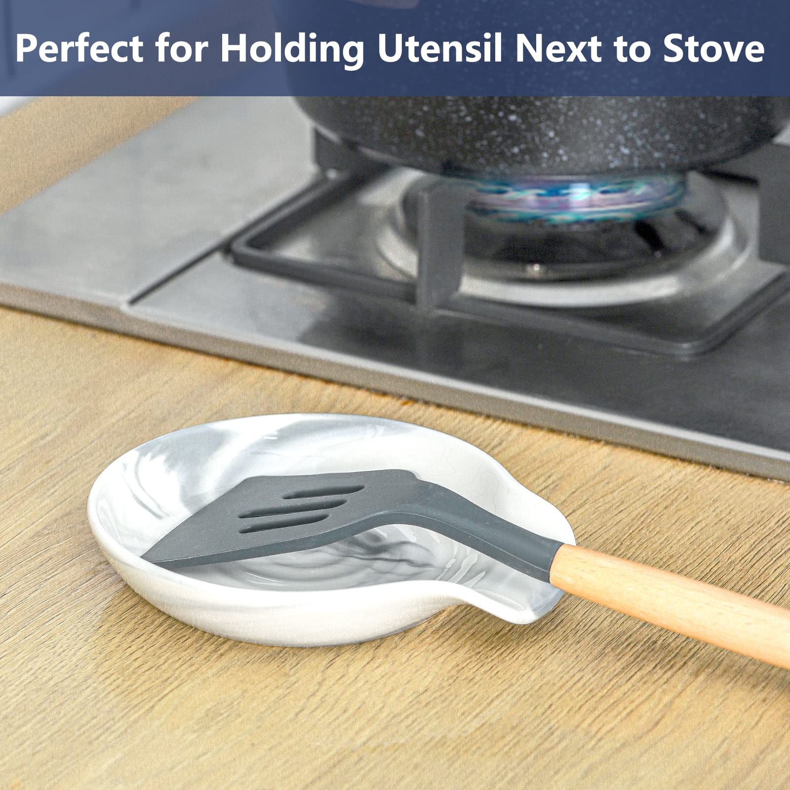 Adewnest Large Spoon Rest for Stove Top : Spoon Holder for Kitchen Counter - Coffee Spoon Rest Ceramic - White Marble Utensil Rest for Ladle, Tongs - Cooking Spatula Holder for Countertop (5.7 Inch)