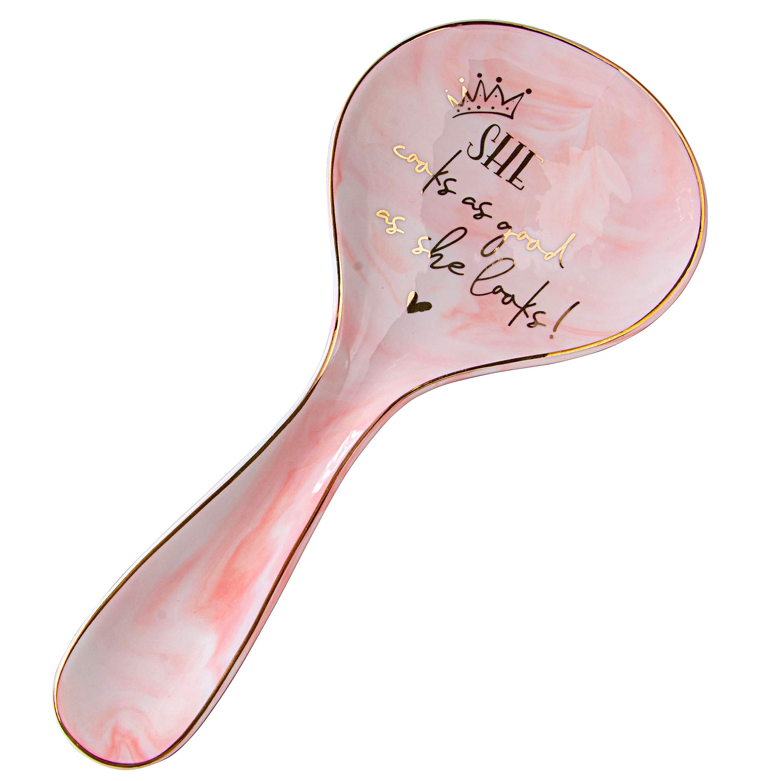 VILIGHT Mom's Gift for Her - Utensil Holder for Cooking Kitchen Accessories for Women - She Cooks As Good As She Looks Pink Marble Spoon Rest