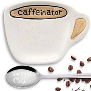 coffee bar accessories - coffee spoon rest with engraved coffee spoon, coffee bar decor for home office coffee station, cute coffee spoon holder, unique valentines day gifts for coffee lovers