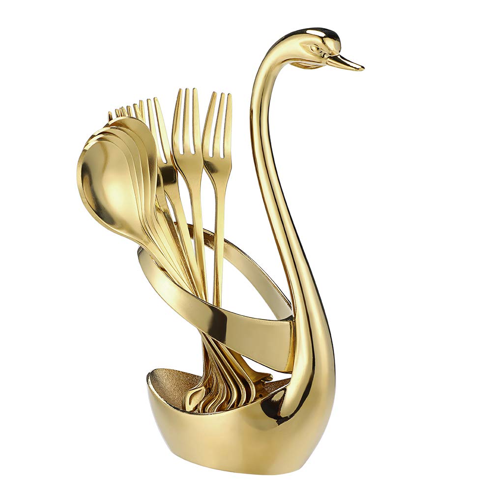 AnSaw Gold Swan Base Holder With 20 Pcs 4.7"Small Leaf Handle Coffee Spoons & Dessert Forks Set(Gold,10+10)