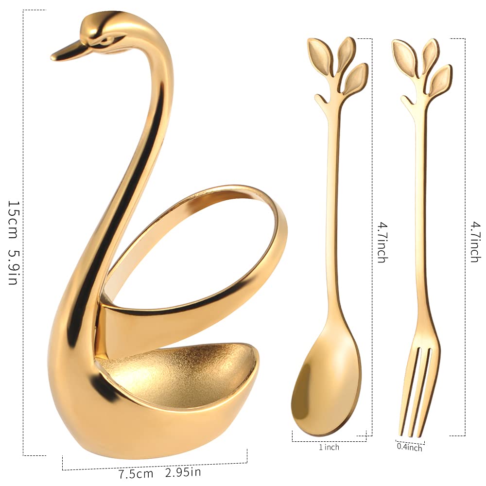 AnSaw Gold Swan Base Holder With 20 Pcs 4.7"Small Leaf Handle Coffee Spoons & Dessert Forks Set(Gold,10+10)