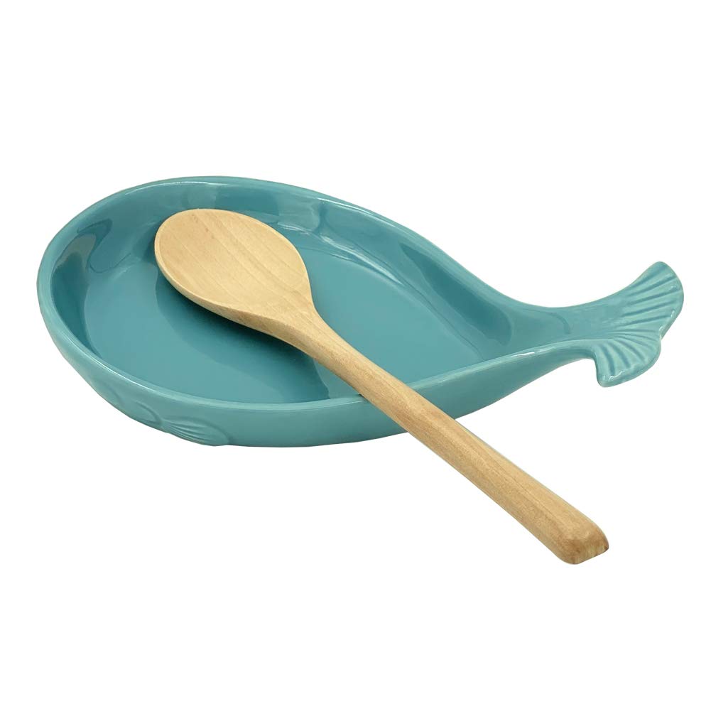 Ceramic Spoon Rest for Kitchen with Wooden Spoon, Whale Shape, 4.8W X 7.8L