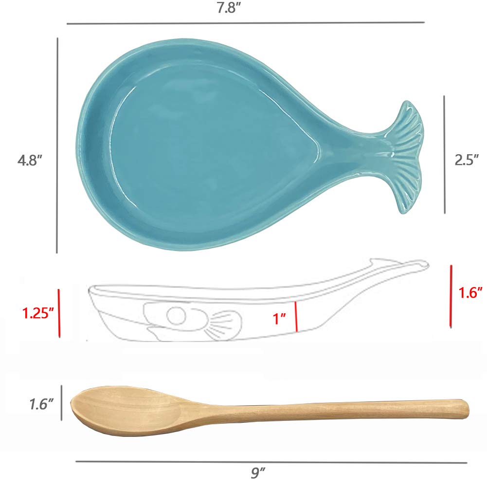 Ceramic Spoon Rest for Kitchen with Wooden Spoon, Whale Shape, 4.8W X 7.8L