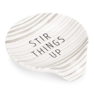 demdaco stir things up 4.5 x 4 glossy white and grey stripe ceramic stoneware kitchen spoon rest