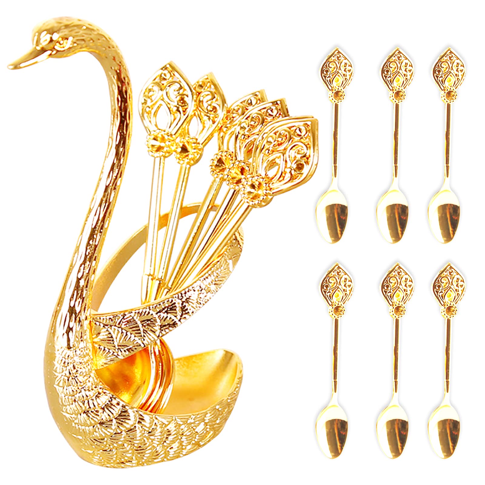 Decorative Gold Swan Base Holder with 6Pcs Coffee Spoon set, Metal Swan Base Holder Spoon Organizer with 6 Spoons, Small Delicate Spoons for Coffee Fruit Dessert Ice Cream Cake