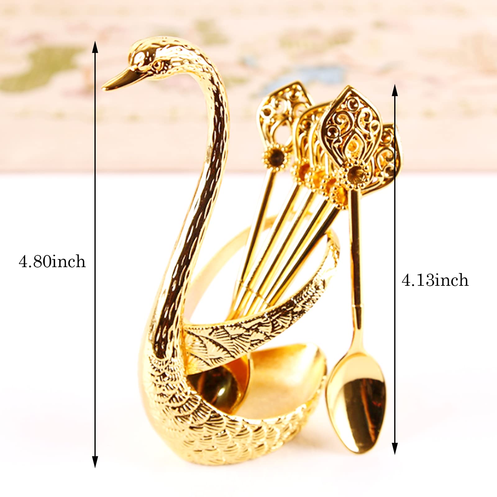 Decorative Gold Swan Base Holder with 6Pcs Coffee Spoon set, Metal Swan Base Holder Spoon Organizer with 6 Spoons, Small Delicate Spoons for Coffee Fruit Dessert Ice Cream Cake