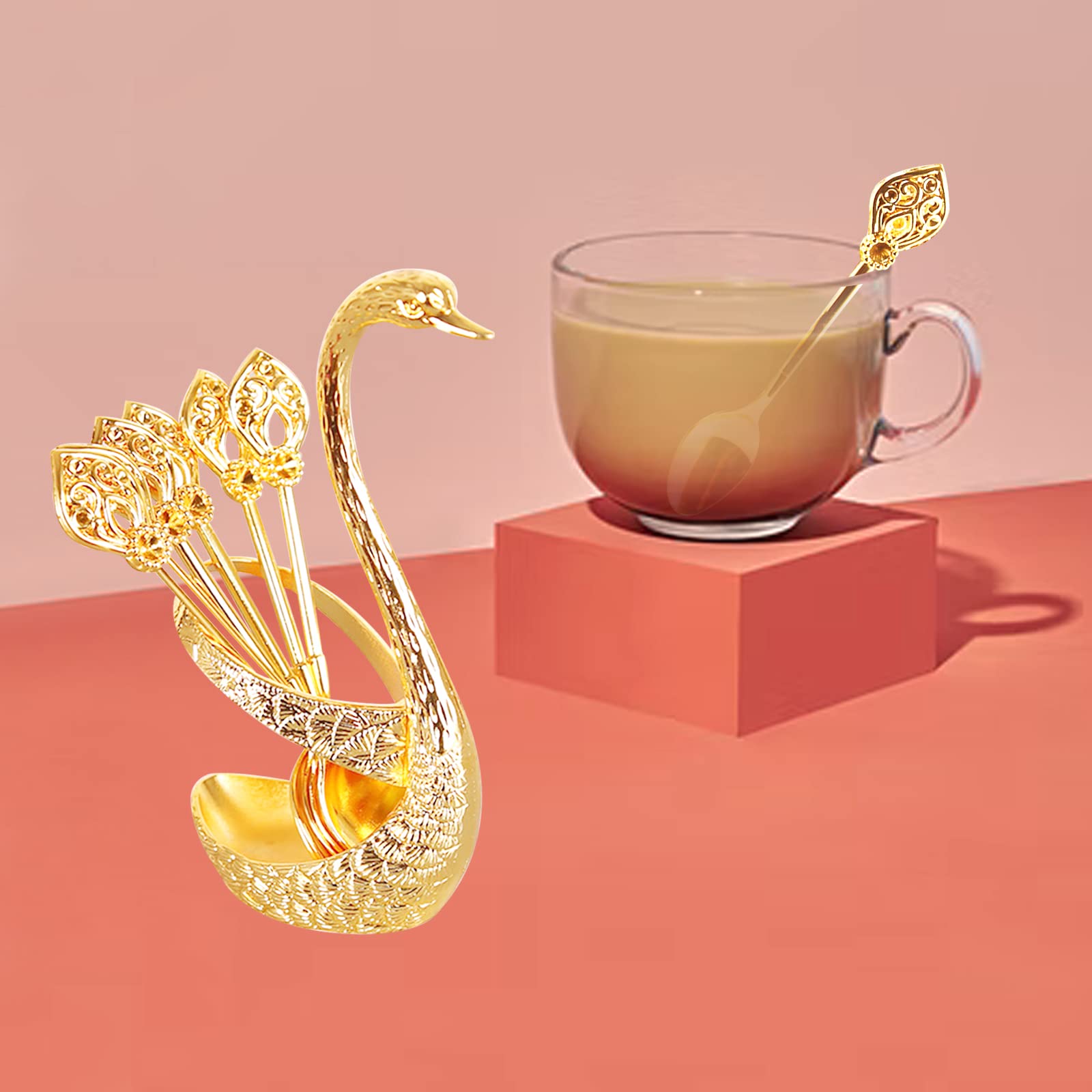 Decorative Gold Swan Base Holder with 6Pcs Coffee Spoon set, Metal Swan Base Holder Spoon Organizer with 6 Spoons, Small Delicate Spoons for Coffee Fruit Dessert Ice Cream Cake