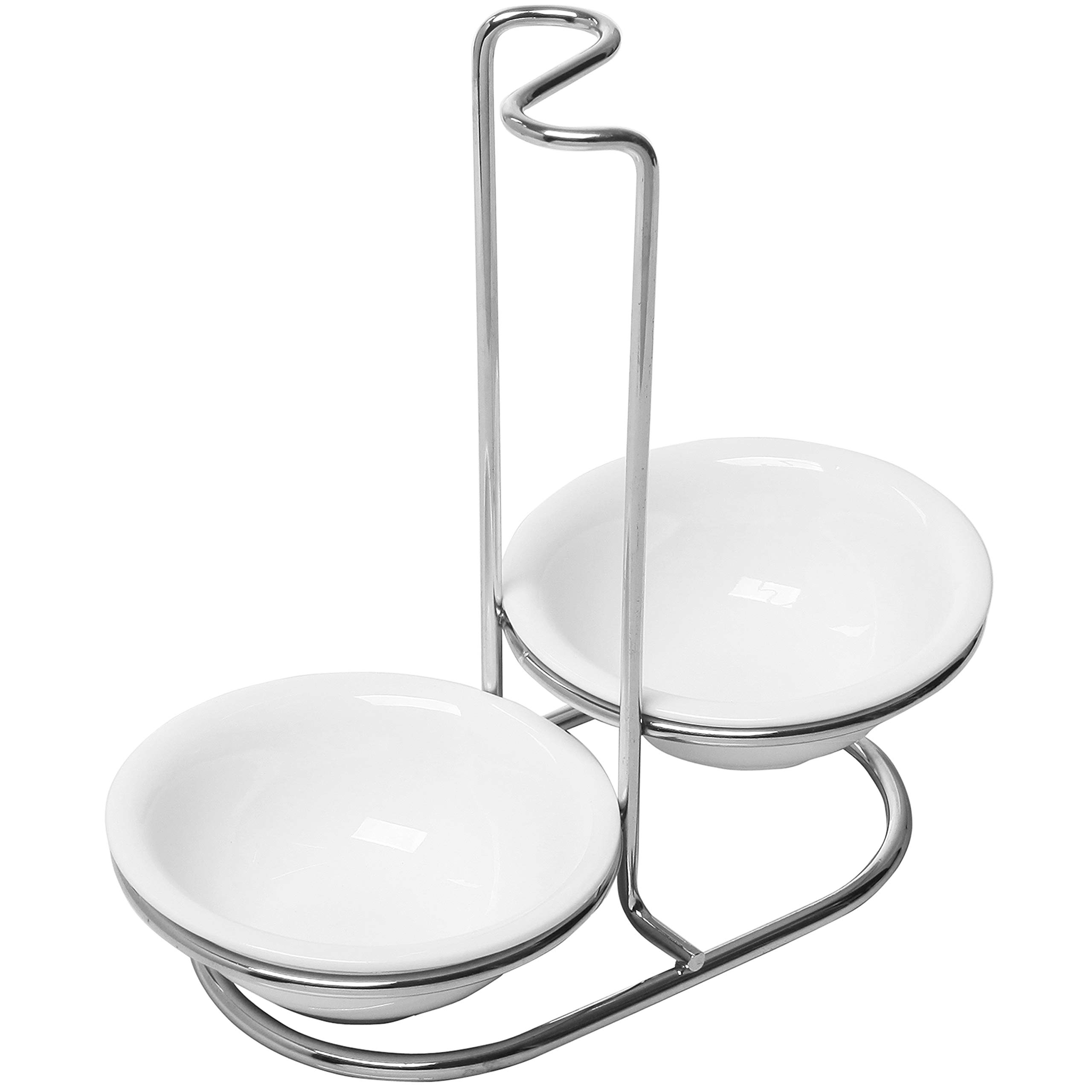 MyGift Set of 2 Ceramic Spoon Rest, Upright Ladle Holder Ceramic Dish with Silver Stainless Steel Rack