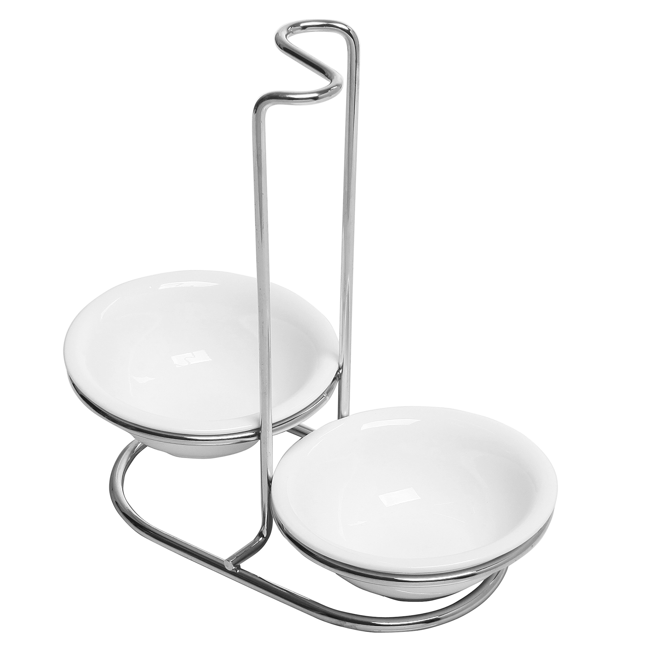 MyGift Set of 2 Ceramic Spoon Rest, Upright Ladle Holder Ceramic Dish with Silver Stainless Steel Rack