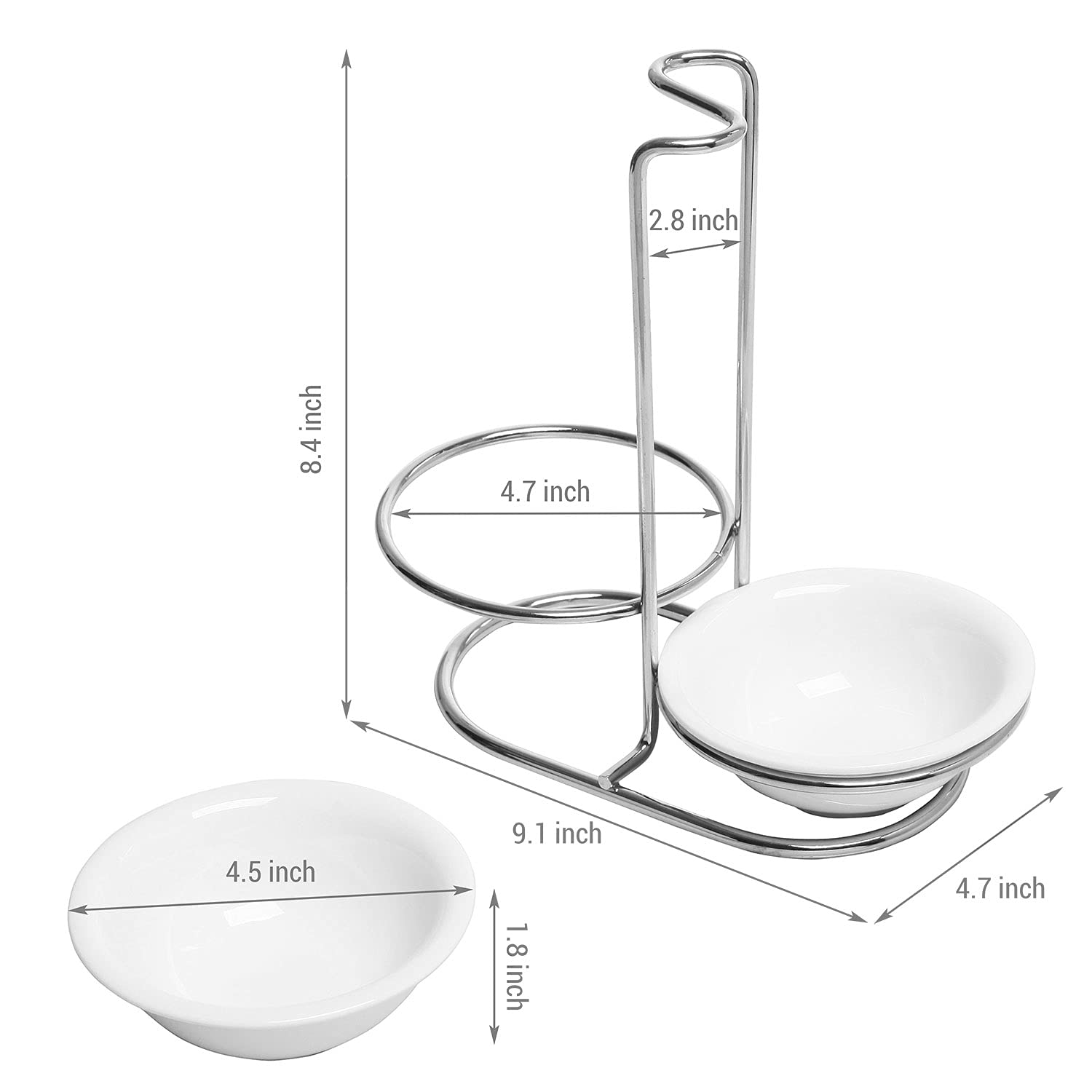 MyGift Set of 2 Ceramic Spoon Rest, Upright Ladle Holder Ceramic Dish with Silver Stainless Steel Rack