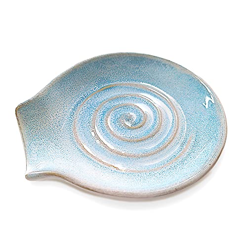 Ceramic Spoon Rest for Kitchen Counter - Utensil Holder (Large Spout - Light Blue)