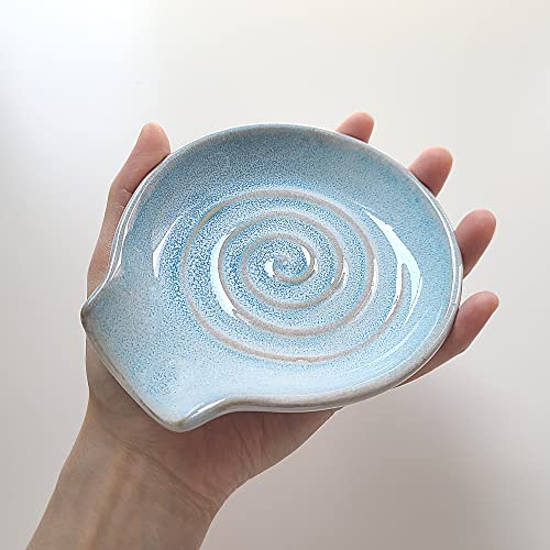 Ceramic Spoon Rest for Kitchen Counter - Utensil Holder (Large Spout - Light Blue)