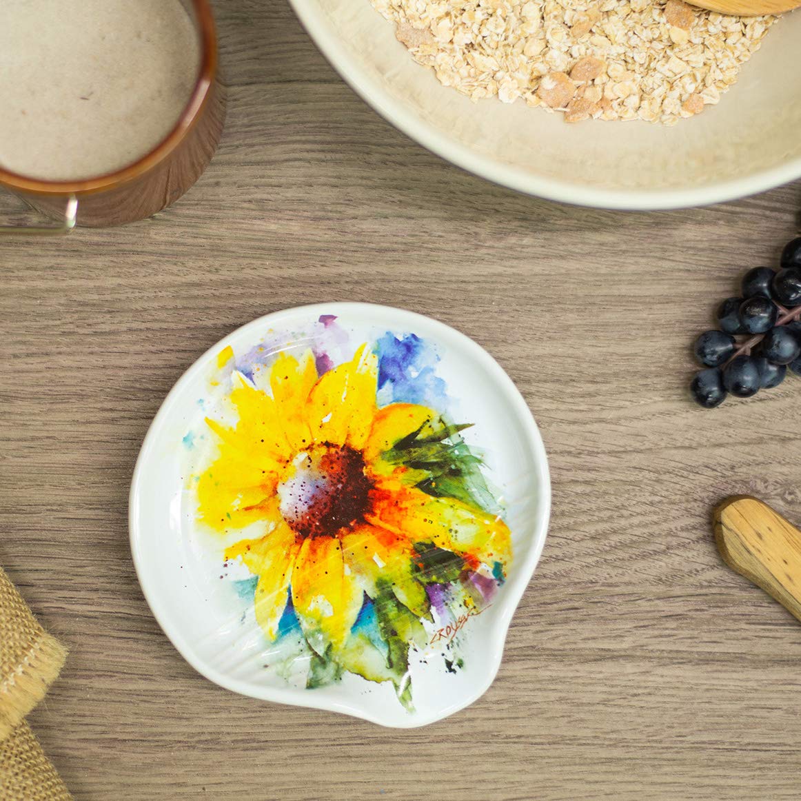 DEMDACO Sunflower Watercolor Yellow On White 5 x 5 Glossy Stoneware Spoon Rest