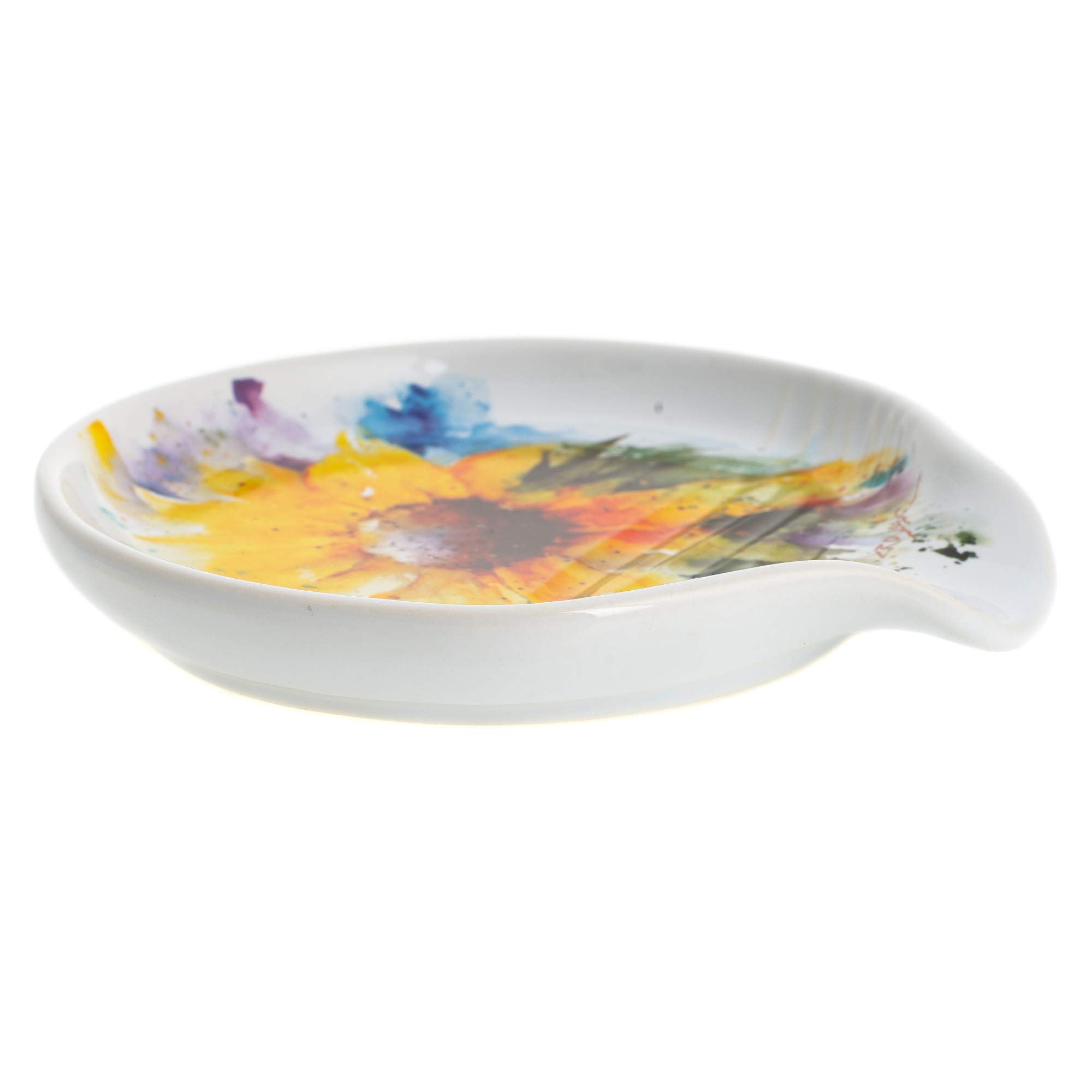 DEMDACO Sunflower Watercolor Yellow On White 5 x 5 Glossy Stoneware Spoon Rest