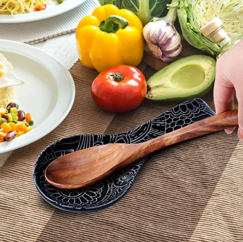 Ceramic Spoon Rests for Kitchen, Spoon Rest for Stove Top Countertop Utensil Rest Ladle Spoon Holder, Black