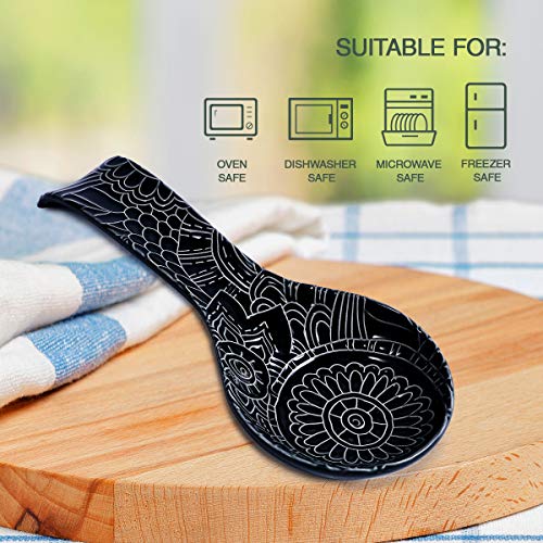 Ceramic Spoon Rests for Kitchen, Spoon Rest for Stove Top Countertop Utensil Rest Ladle Spoon Holder, Black