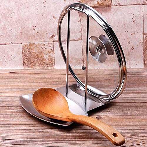 Lid And Spoon Rest,Pan Pot Cover Lid Rack Stand Organizer,304 Stainless Steel Spoon Rest Stove Organizer Storage Utensils Lid Holder Spoon Holder Lid Rest for Spoon Storage (Silver)