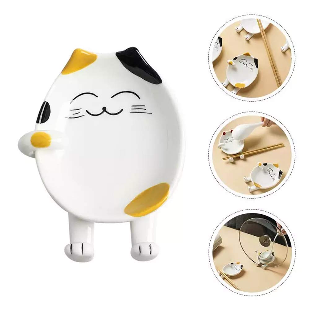 PROVIVID Ceramic Spoon Rest for Kitchen, Multifunctional Cute Cat Shape Cooking Utensil Holder Coffee Spoon Rest Pot Lid Rack Ladle Rest Spatula Utensil Rest for Kitchen Counter & Stove Top - Yellow