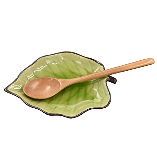 Green Spoon Rest Spoon Holder for Stove Top Kitchen Counter with Wooden Spoon, Farmhouse Decor Leaf Shape Spatula Holder Ceramic, 5.1 W x 7.5 L