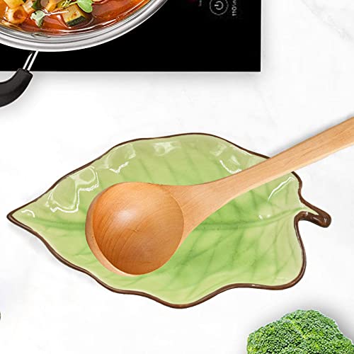 Green Spoon Rest Spoon Holder for Stove Top Kitchen Counter with Wooden Spoon, Farmhouse Decor Leaf Shape Spatula Holder Ceramic, 5.1 W x 7.5 L