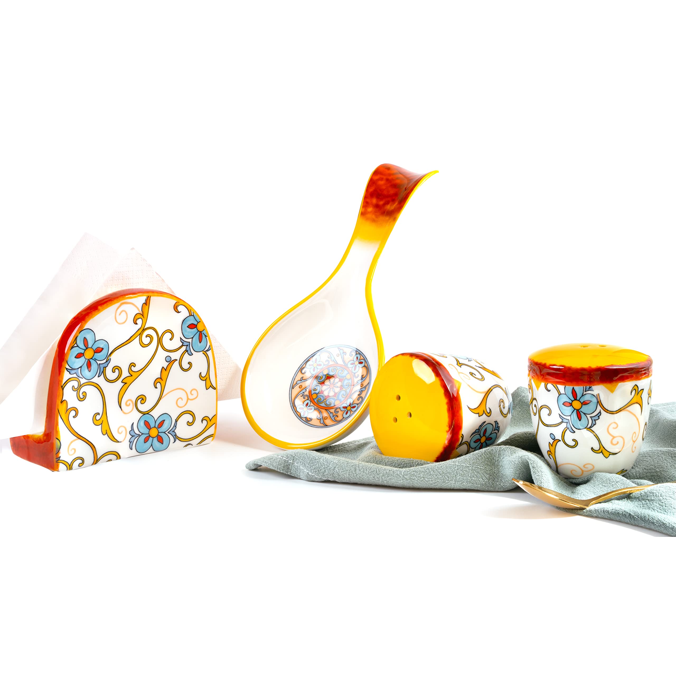 Euro Ceramica Duomo Collection Servingware, 4-Piece Table Necessities Set, Gold and Cream