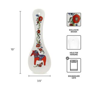 ScandinavianGiftOutlet - Decorative Ceramic Spoon Rest for Stove Top - 10" Swedish Dala Horse Design | Kitchen Essentials Utensil Holder, Orange-Red | Dimensions (LxWxH): 1 X 3.5 X 10 Inches.