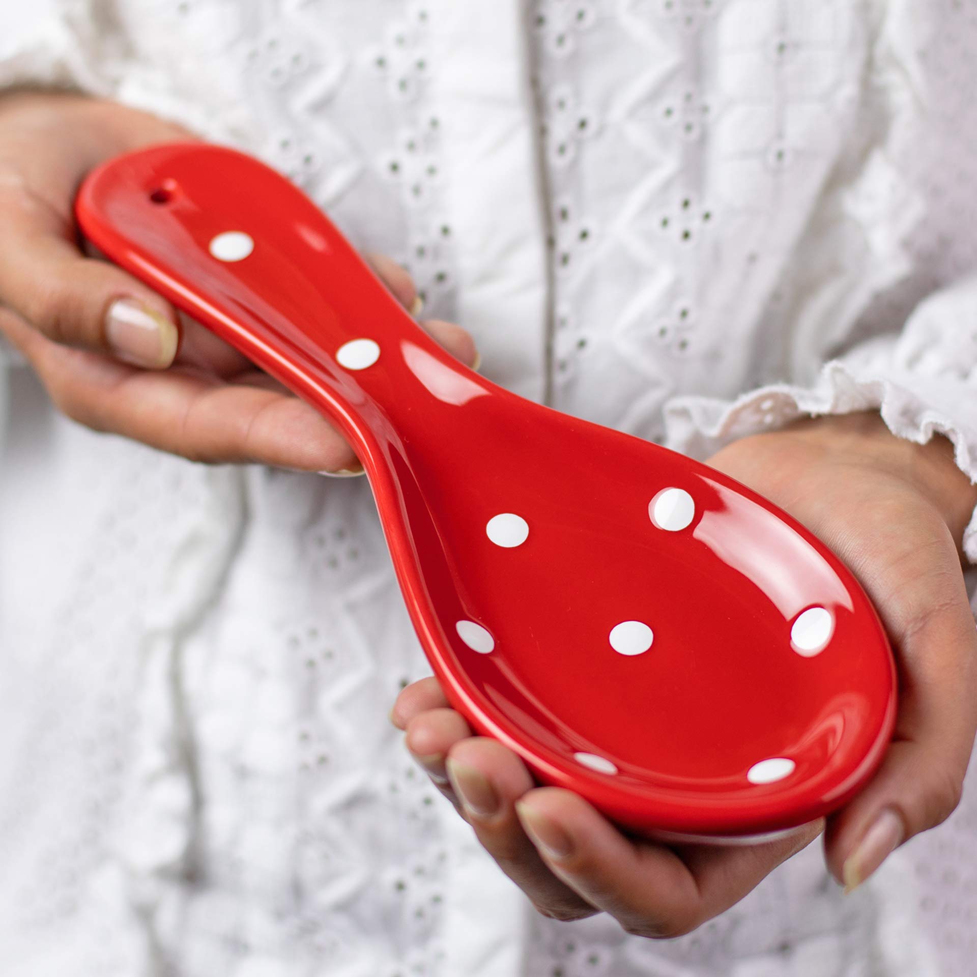 Handmade Red and White Polka Dot Ceramic Kitchen Cooking Spoon Rest | Pottery Utensil Holder | Housewarming Gift by City to Cottage®