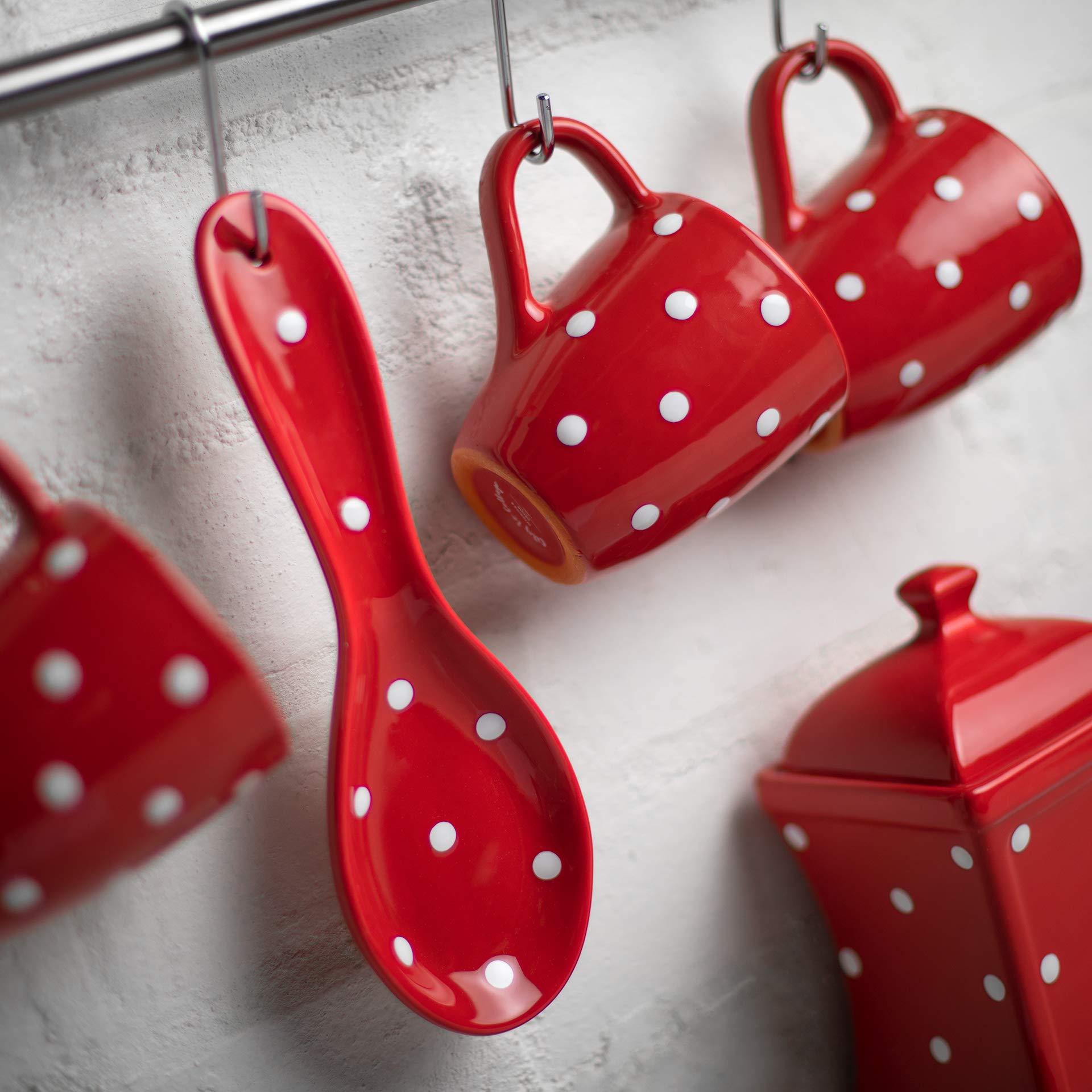 Handmade Red and White Polka Dot Ceramic Kitchen Cooking Spoon Rest | Pottery Utensil Holder | Housewarming Gift by City to Cottage®