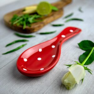 Handmade Red and White Polka Dot Ceramic Kitchen Cooking Spoon Rest | Pottery Utensil Holder | Housewarming Gift by City to Cottage®