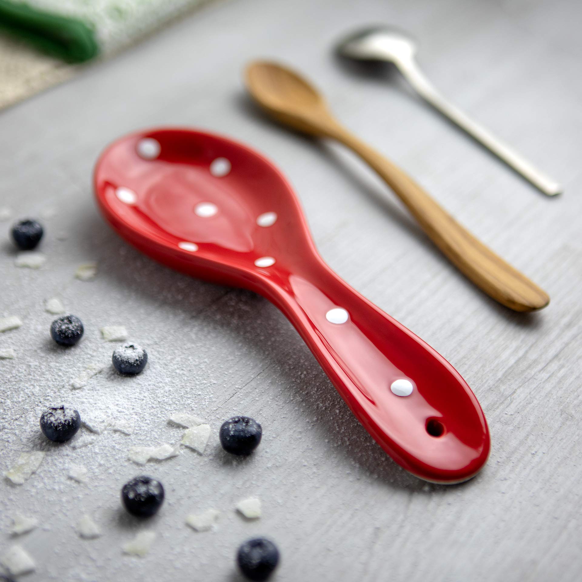 Handmade Red and White Polka Dot Ceramic Kitchen Cooking Spoon Rest | Pottery Utensil Holder | Housewarming Gift by City to Cottage®