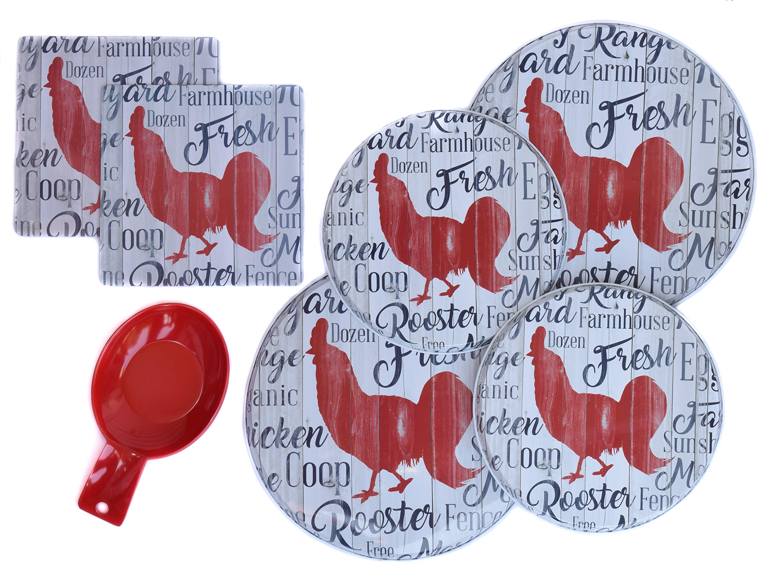 Chicken Decor Stove Burner Covers - Rooster Kitchen Decor - Farmhouse Sign Style WITH Two Insulated Hot Pads AND Red Spoon Rest