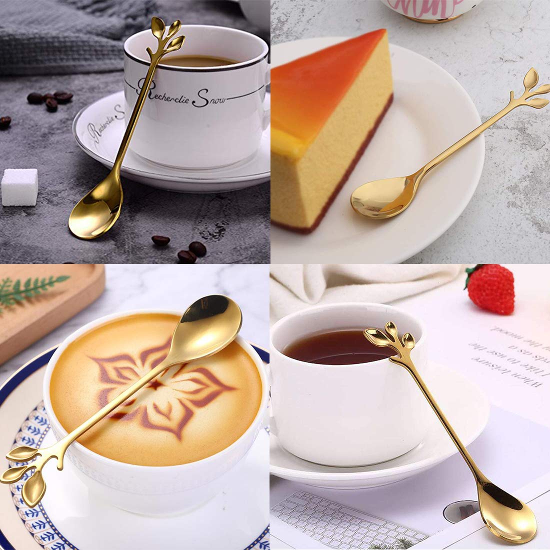 AnSaw Gold Small Swan Base Holder With Gold 10Pcs 4.7Inch leaf Handle Coffee Spoon Set