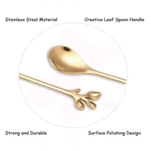 AnSaw Gold Small Swan Base Holder With Gold 10Pcs 4.7Inch leaf Handle Coffee Spoon Set