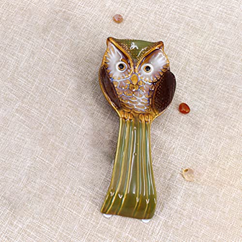 Luxshiny Owl Spoon Rest Ceramic Ladle Holder Spatula Spoon Holder Utensil Rester Stand for Stove Top Kitchen Counter Dining Table Coffee Station (Green)