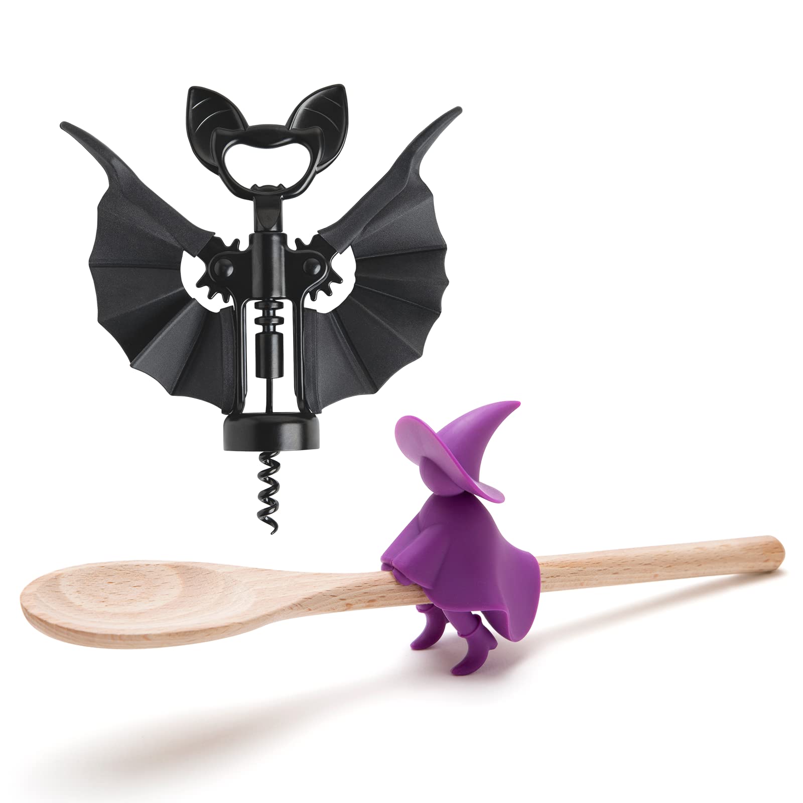 Vino Spooky Bat 2-in-1 Wine & Beer Opener and Agatha Kitchen Spoon Rest by OTOTO - Bundle of 2 Fun Kitchen Gadgets